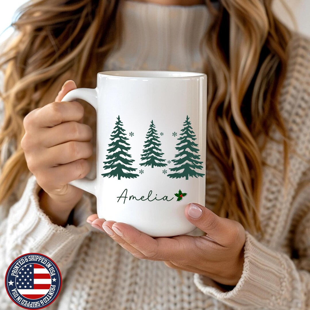 Personalized Christmas Mug, Winter Tree Ceramic Coffee Mug, Pine Tree ...