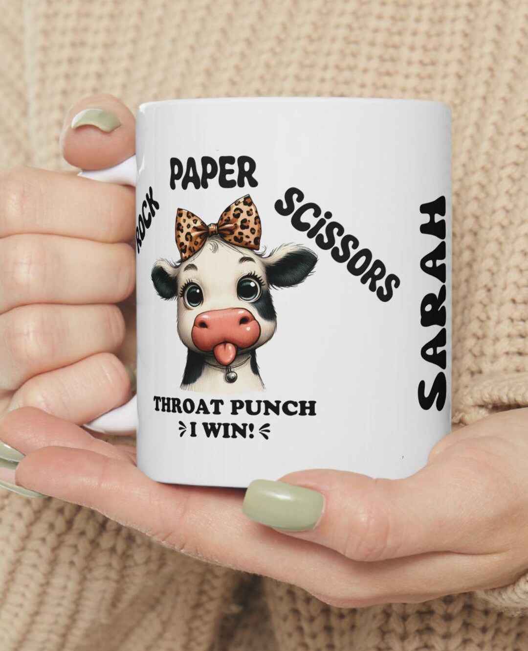Personalized Cow Ceramic Mug: Rock Paper Scissors, Custom Name Gift - Etsy