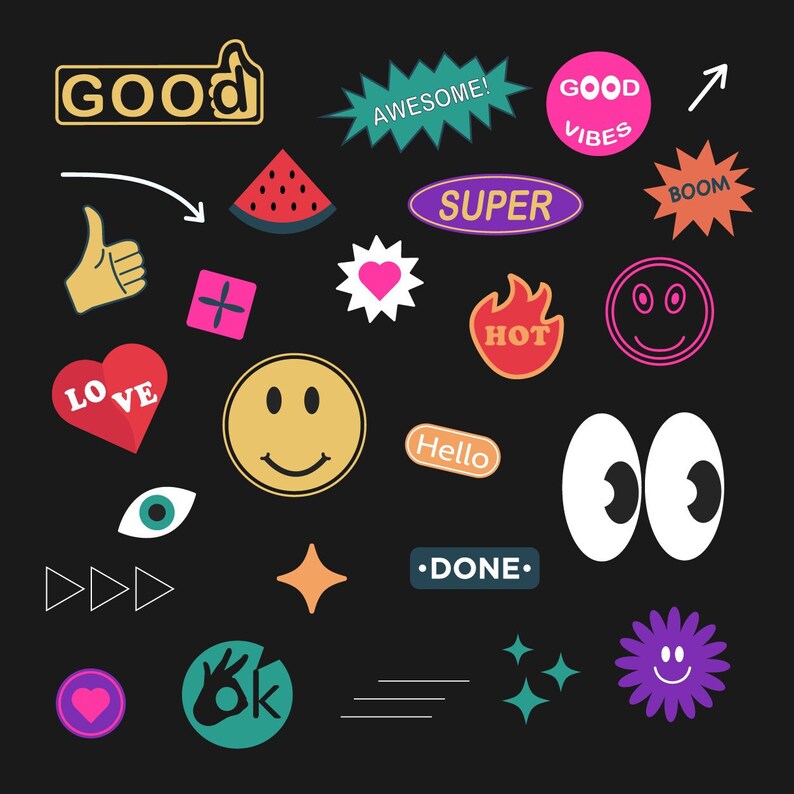 Sticker Pack SVG, Stickers Bundle, Digital Sticker, Retro Stickers Png ...