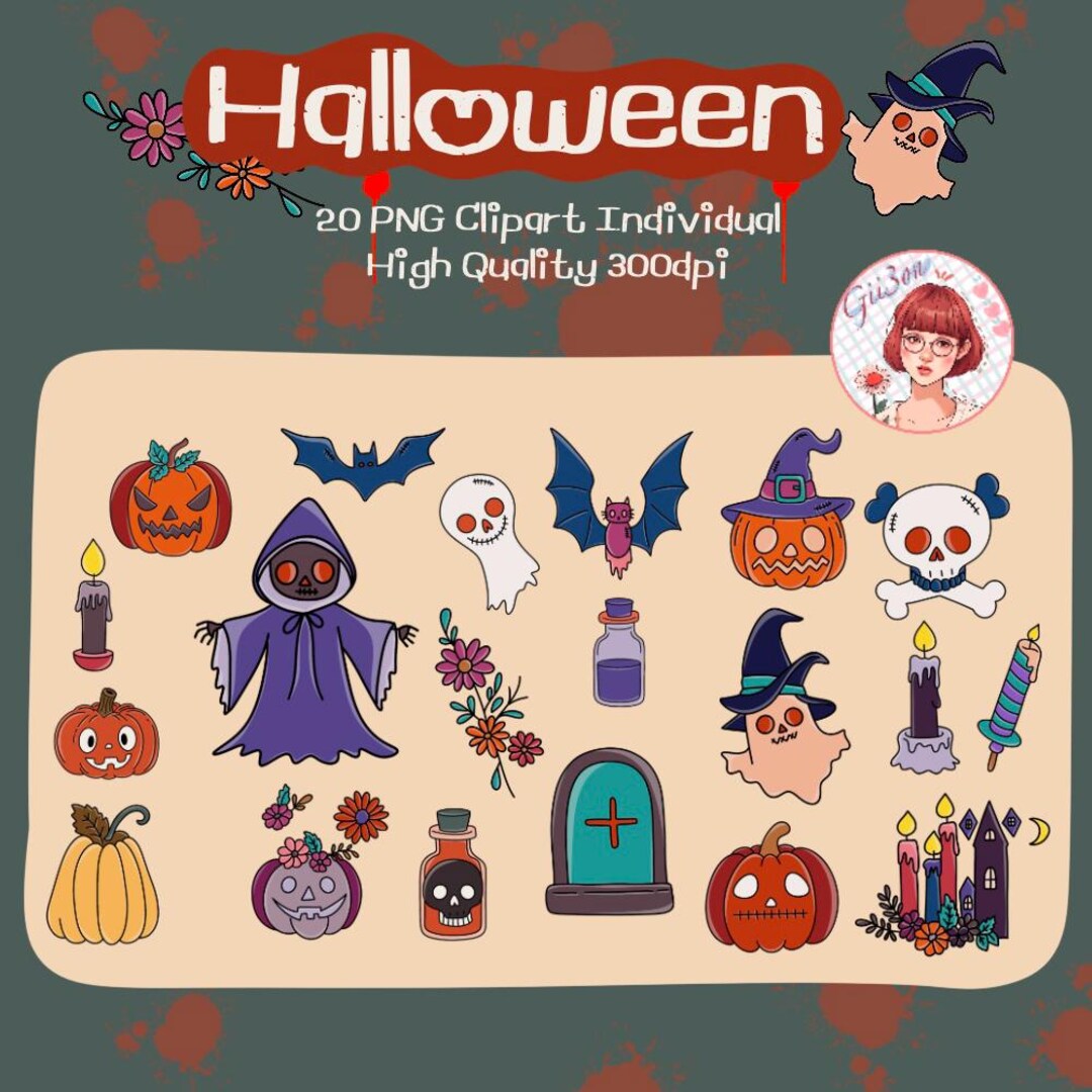 Halloween Theme Clipart Bundle, Hand Drawn Sticker Sheet, Halloween ...