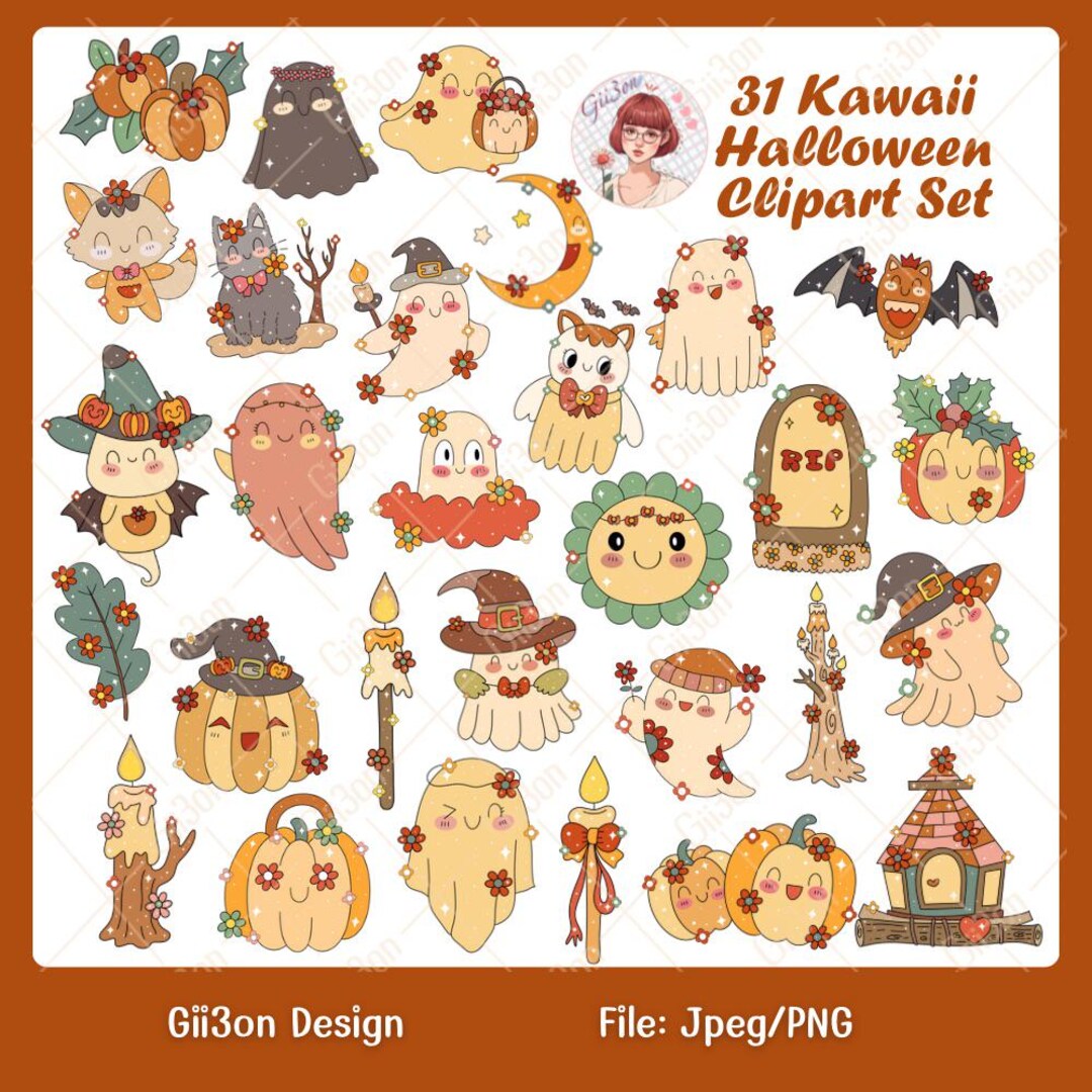 31 Kawaii Halloween Clipart Set | Cute Ghosts, Pumpkins, Cats | PNG ...