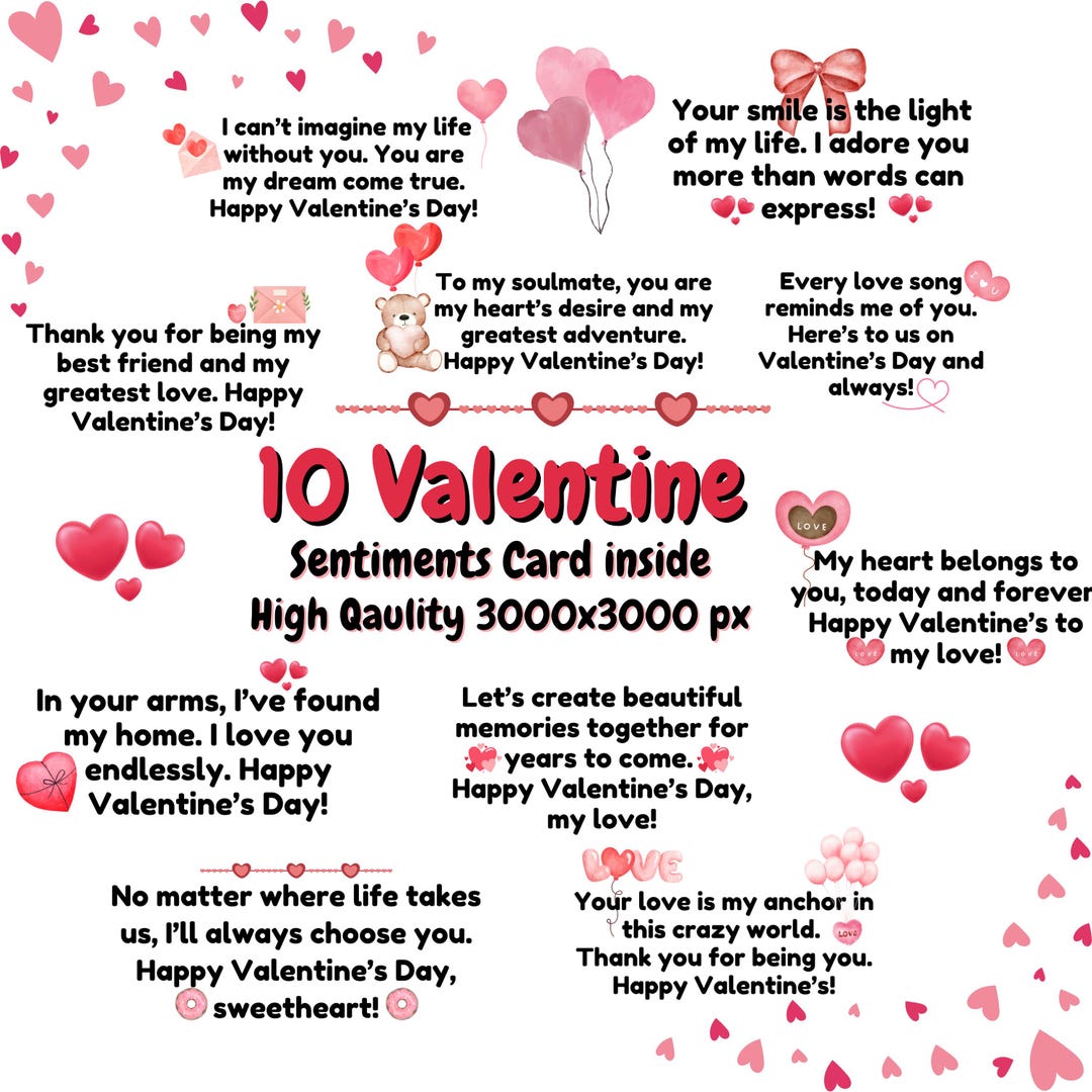 Valentine Card Sentiments: Word Art Quotes, Clip Art (PNG, JPEG Digital ...