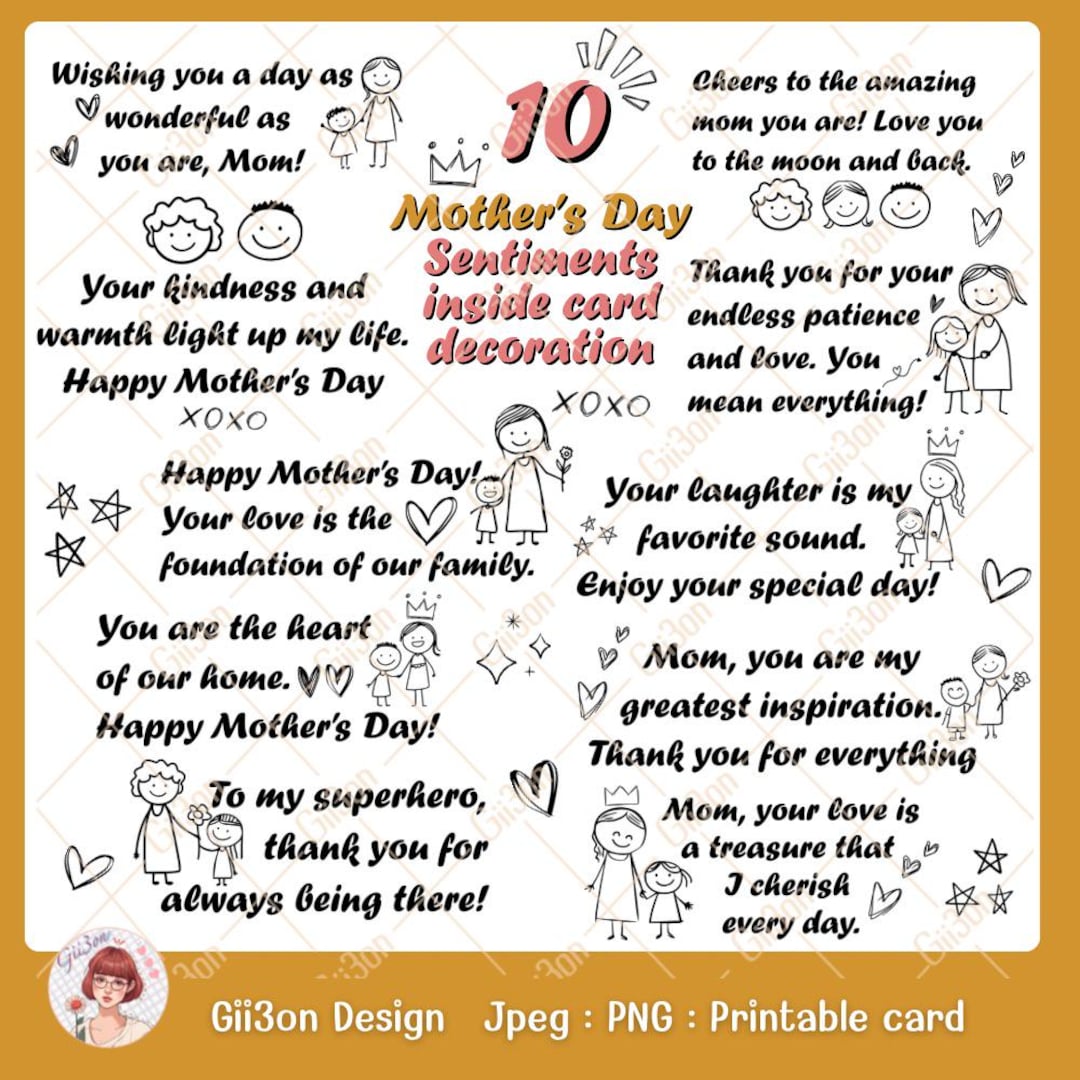 10 Mother's Day Sentiments: Card Inserts, Transparent PNG, JPEG, PDF ...