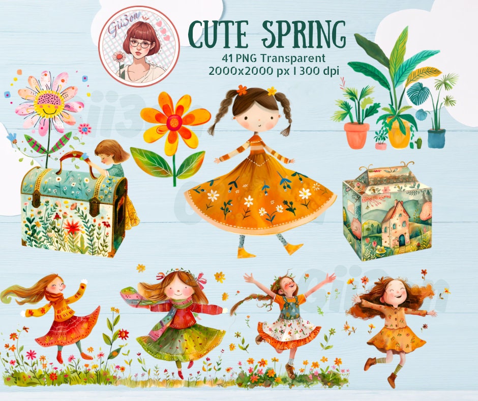 Cute Spring Clipart Bundle, Spring Clipart, Spring Girl Clipart, Spring ...
