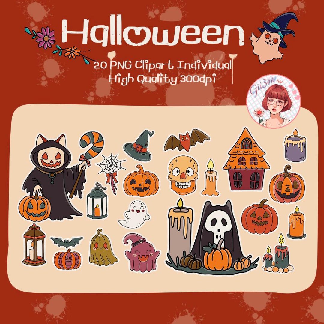 Halloween Theme Clipart Bundle, Hand Drawn Sticker Sheet, Halloween ...