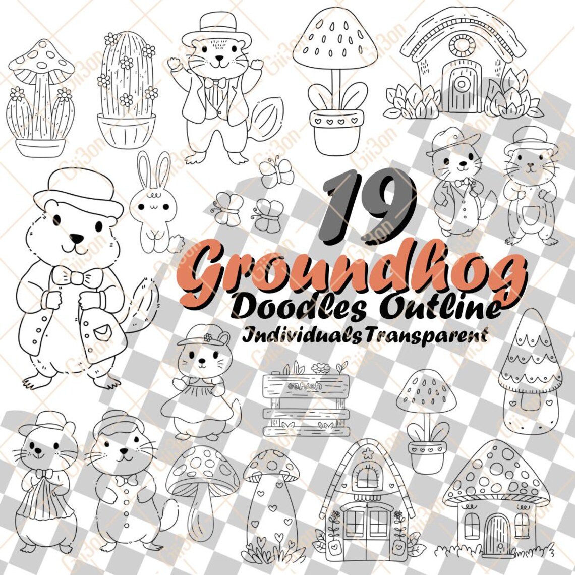 Groundhog Day, Doodles, Outline Cute, Element, Digital Download ...