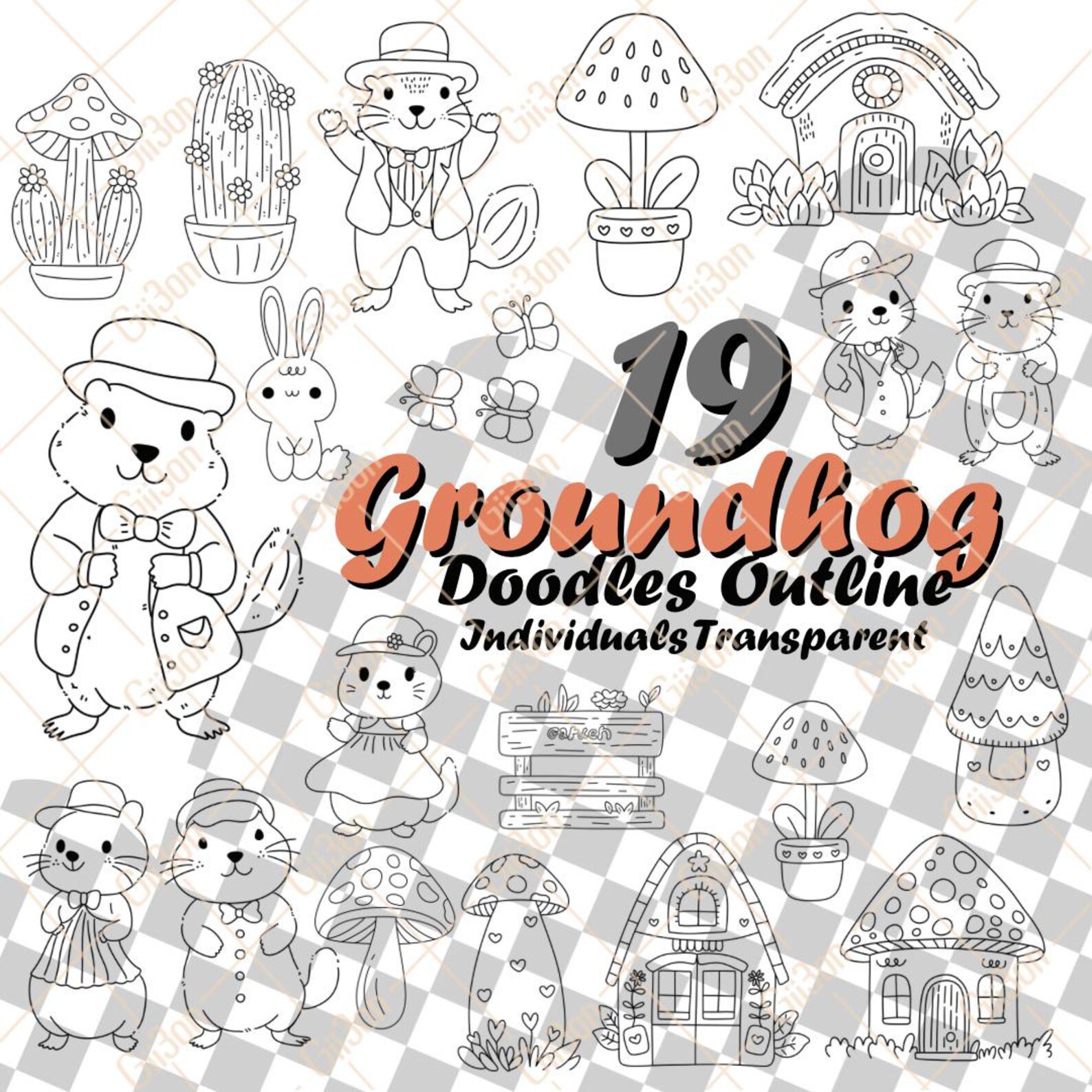 Groundhog Day, Doodles, Outline Cute, Element, Digital Download ...