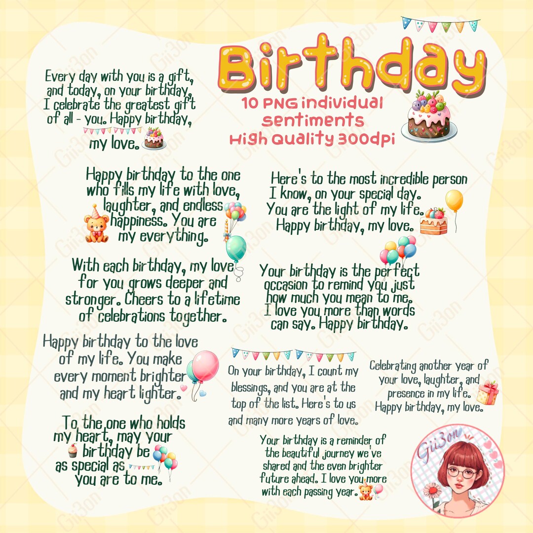 Birthday Card Sentiments: Word Art Quotes, Clip Art (PNG Digital Stamp ...