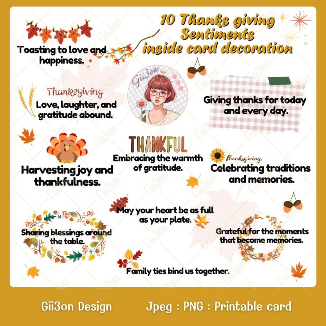 Thanksgiving Sentiment Card Bundle | Printable Inside Card Quotes | PNG ...