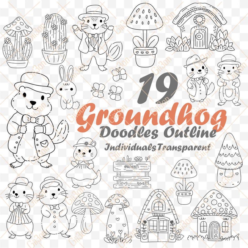 Groundhog Day, Doodles, Outline Cute, Element, Digital Download ...