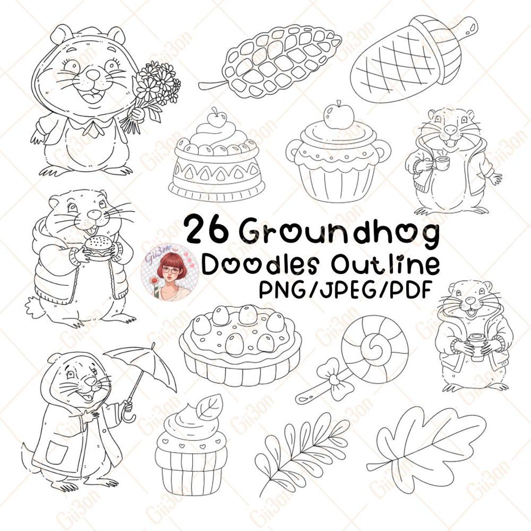 Groundhog Day, Doodles, Outline Cute, Element, Digital Download ...