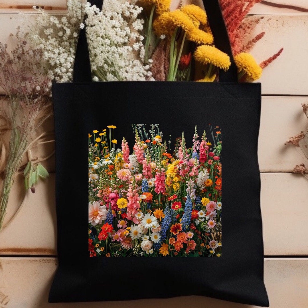 Tote Bag Black Floral Bird Flowers Floral Pattern Botanical Print Carry ...