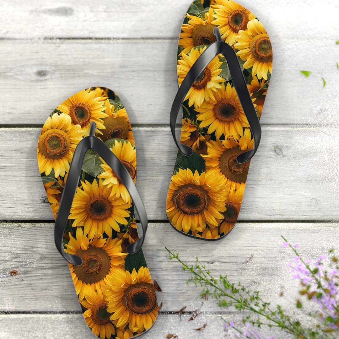 Sunflower Flip Flops for Women, Floral Summer Sandals, Bright Yellow ...