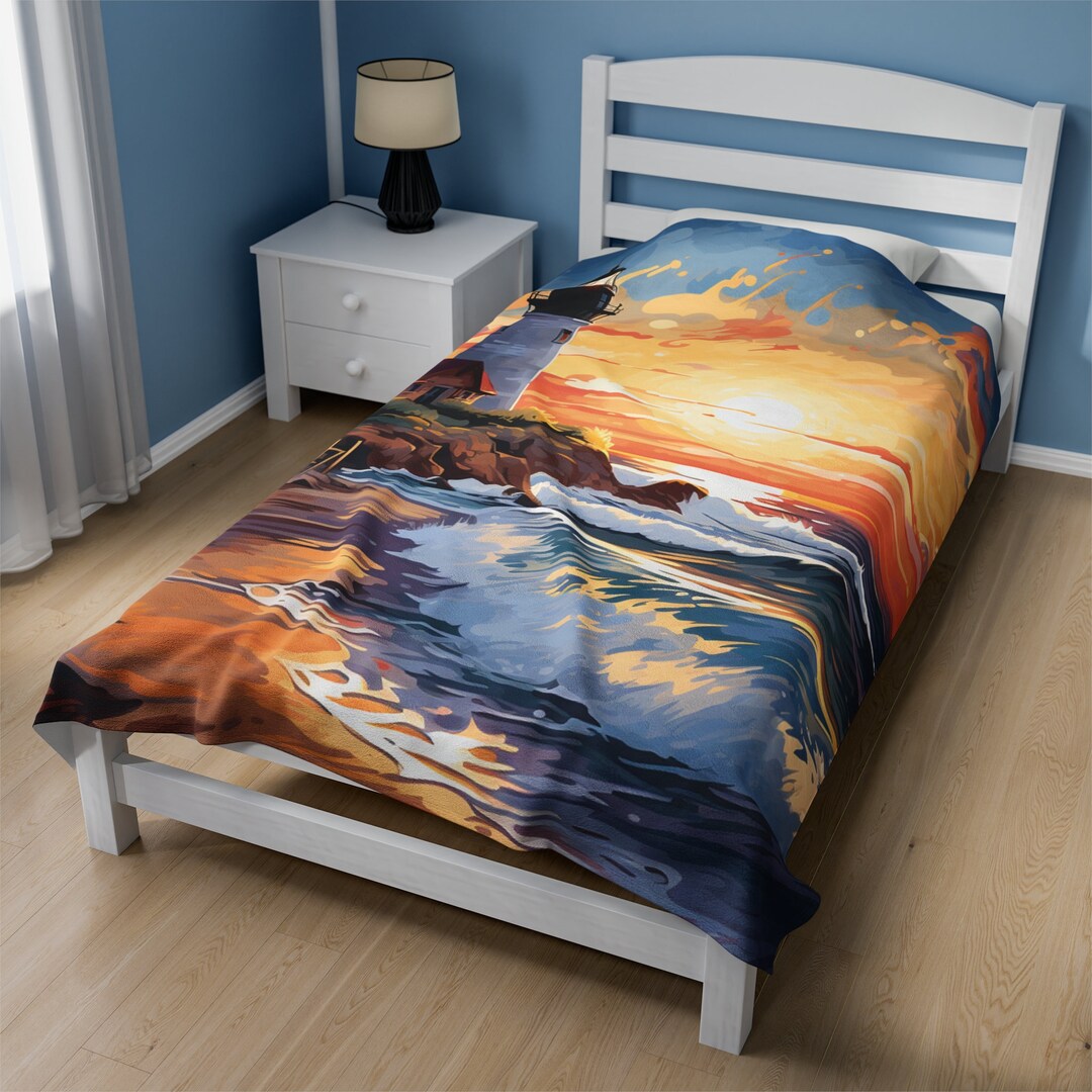 Lighthouse Velveteen Blanket: Custom Colorful Plush Throw Gift For - Etsy