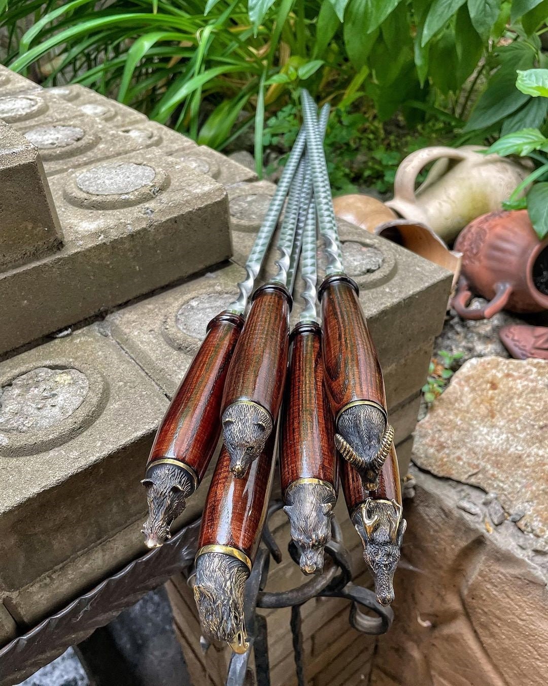 BBQ Skewers Set With Bronze Decoration Handles, Stainless Steel Skewers ...