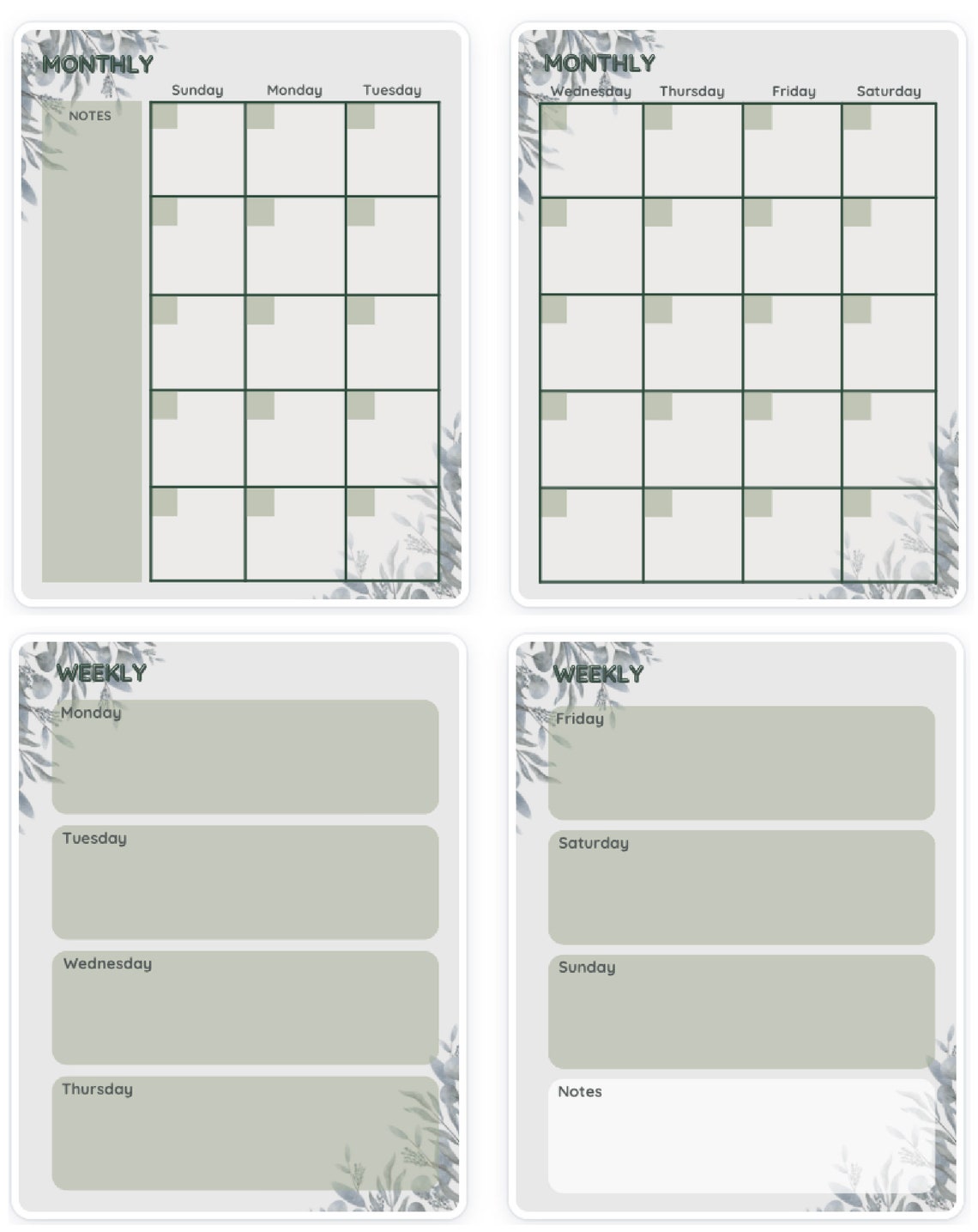 Basic Planner Green Leaves theme - Etsy