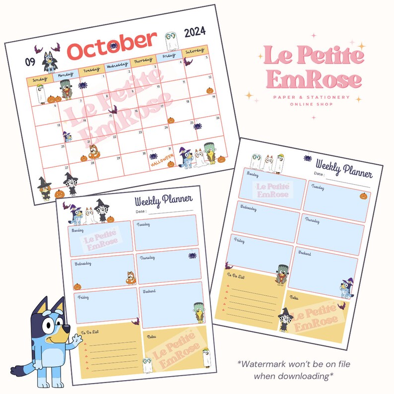 BLUEY Halloween Printable Month Calendar and Weekly Planner Templates ...