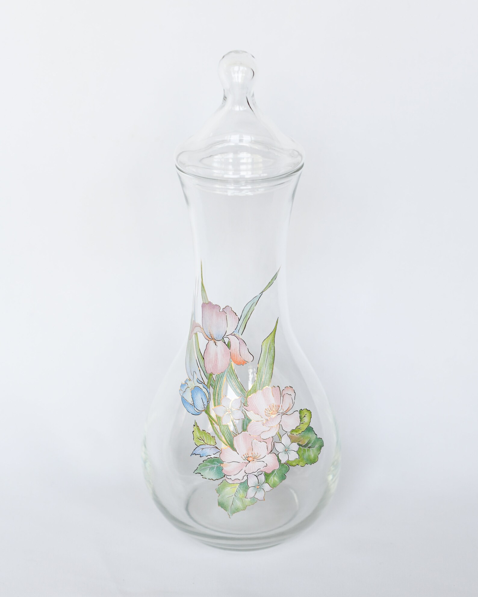 Vintage Libbey Glass Flower Vase or Candy Jar With Painted Florals and ...