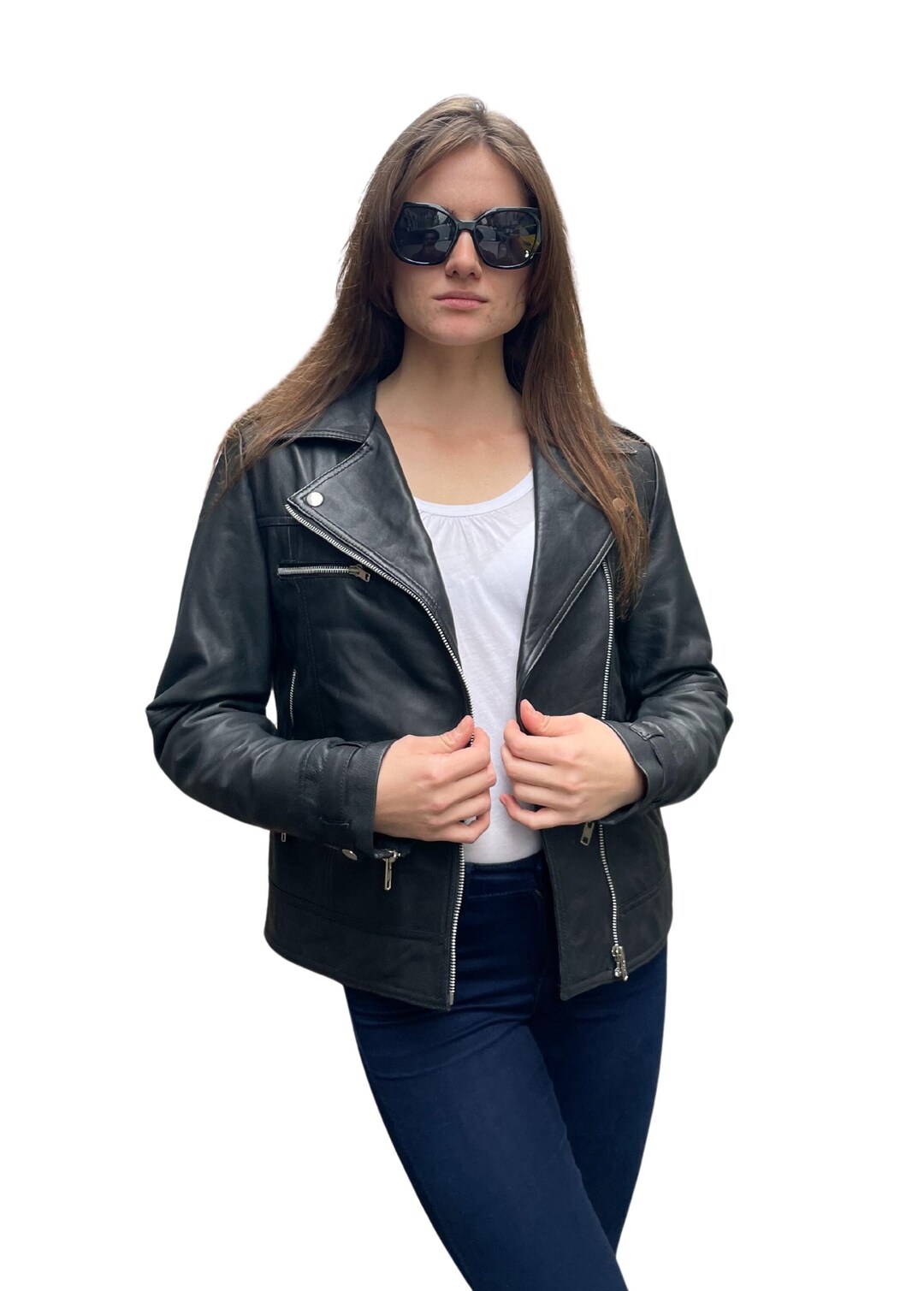 Women's Biker Sheepskin Leather Jacket in Black Made of Napa Real Sheep ...