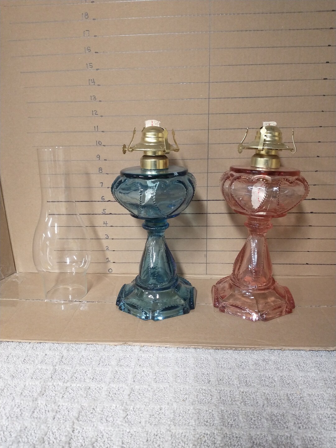 Two Queen of Hearts Oil Lamps, Beaded Heart Design, Depression Glass ...