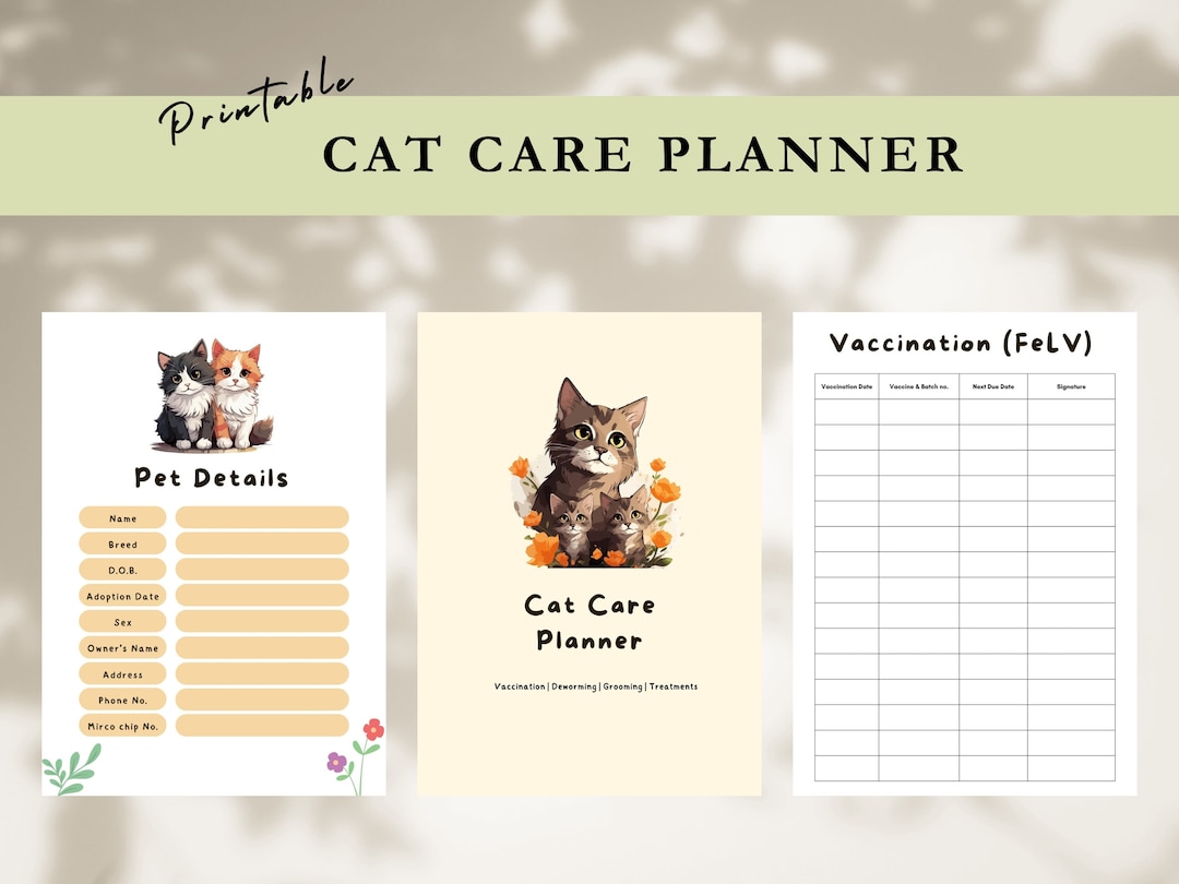 Cute Cat Care Planner Pet Printable Cat Care Tracker New Pet Tracking ...