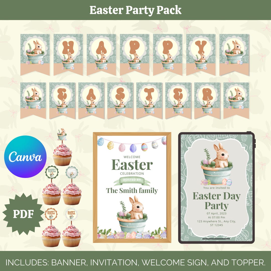 Easter Party Pack – Printable Easter Banner, Invitation, Easter Cupcake ...