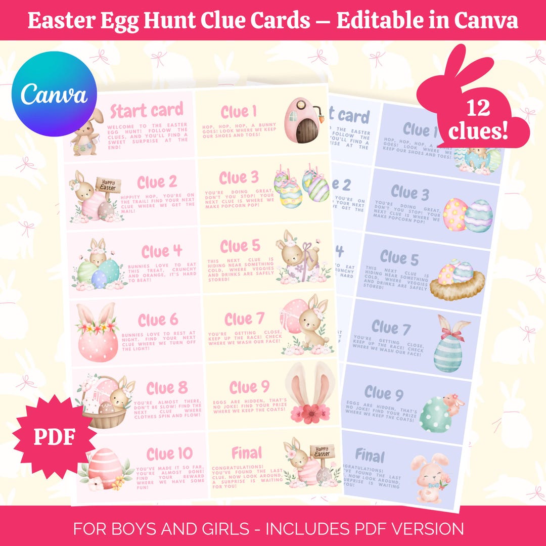 Easter Egg Hunt Clue Cards, Printable Tag – Printable PDF & Editable ...