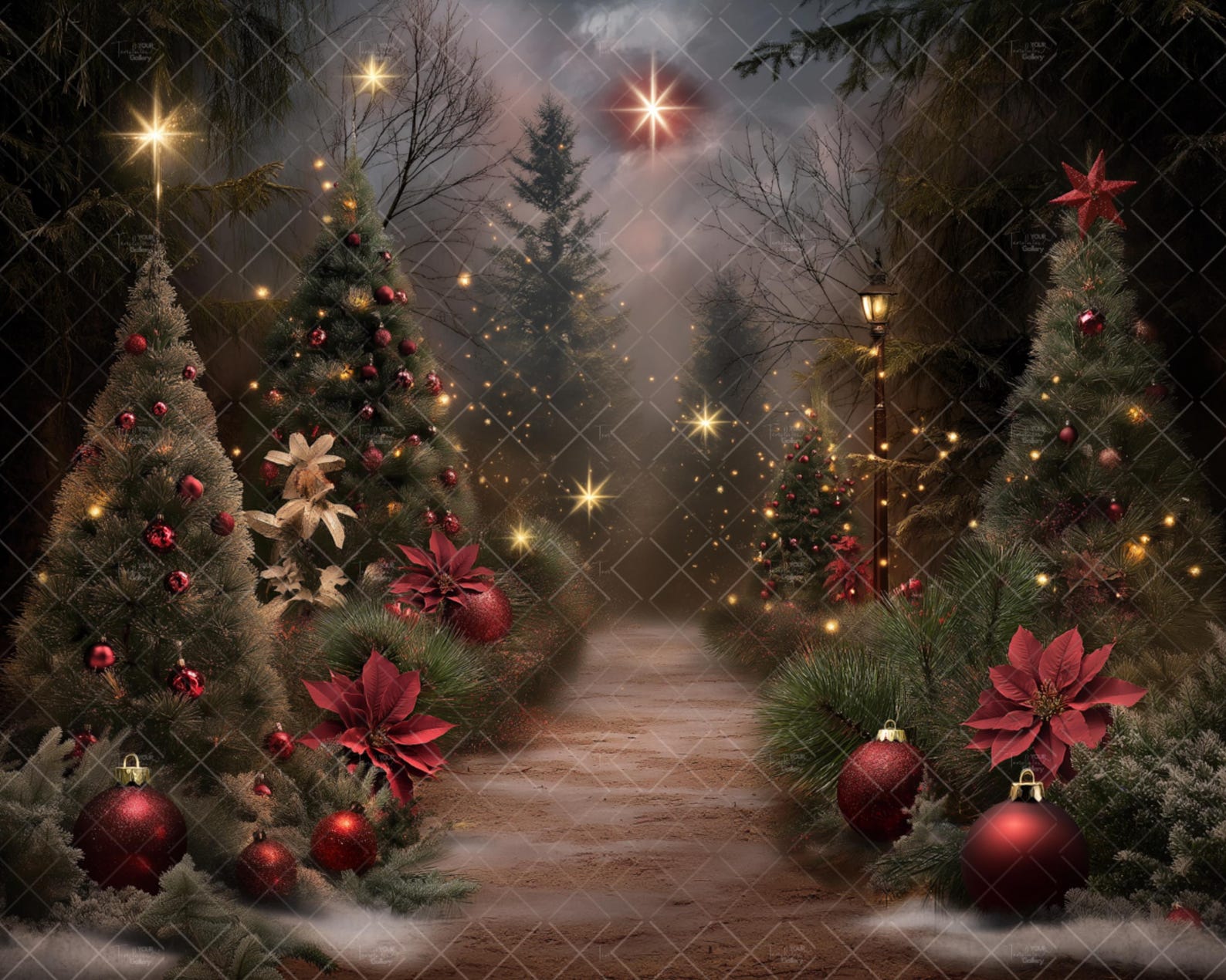 Christmas Pathway Digital Backdrop | Red Ornament Forest Background ...
