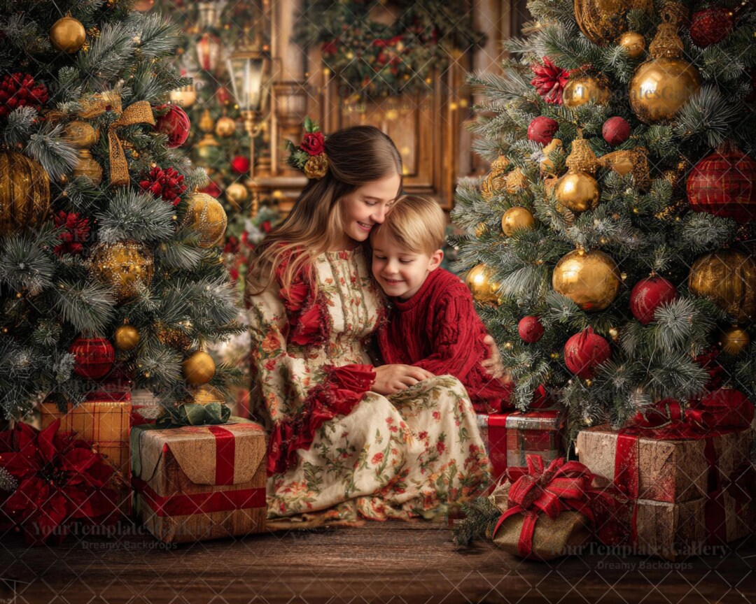 Christmas Tree Gift Backdrop, Holiday Photography Digital Background ...