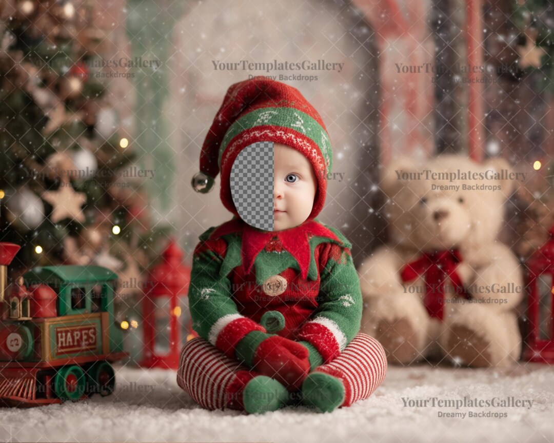 Elft Face Insert Toddler Christmas Digital Backdrop, Baby With Teddy ...