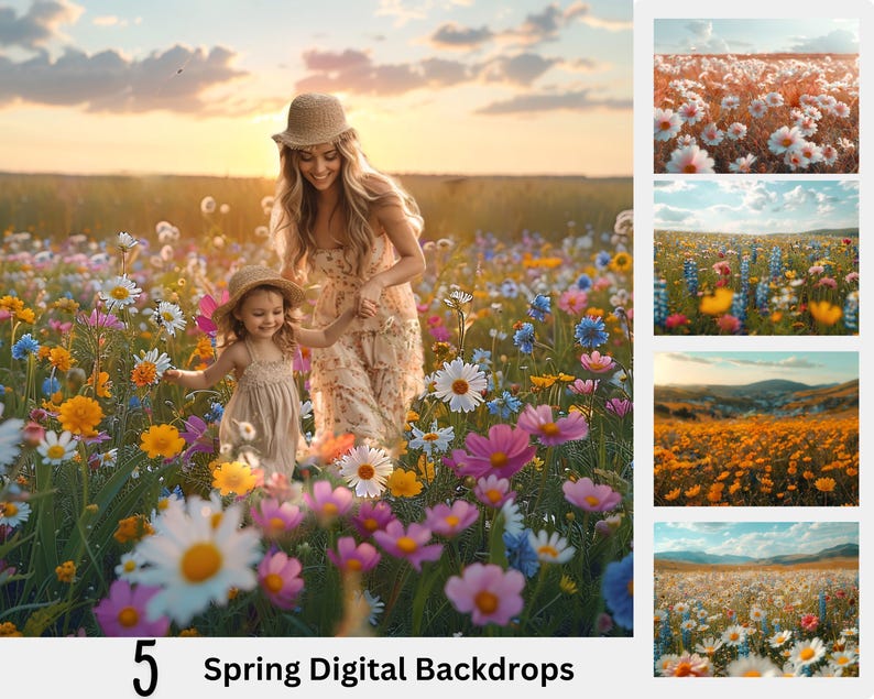 5 Summer Wildflower Field Digital Backgrounds, Spring Digital Backdrop ...