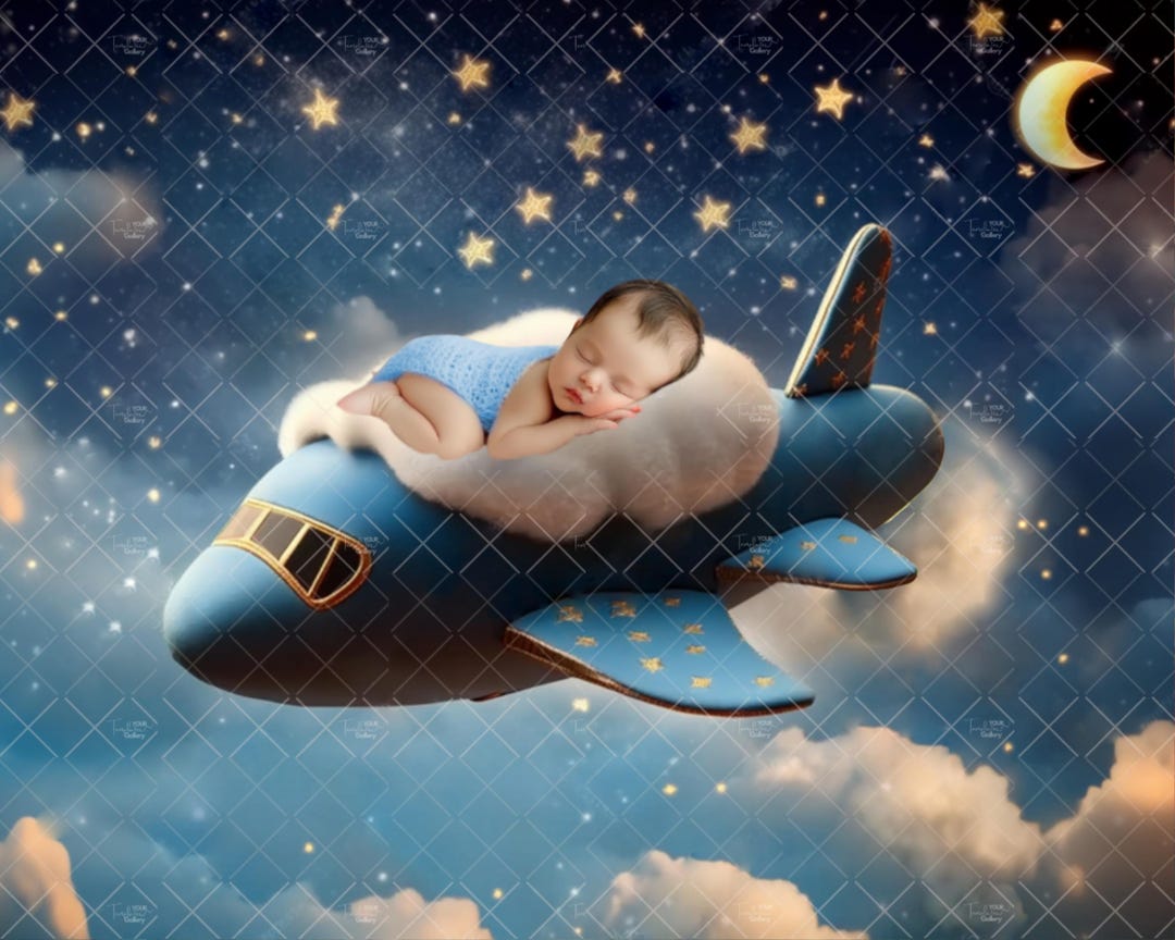 Newborn Digital Backdrop, Starry Sky Blue Airplane, Whimsical Baby Prop ...