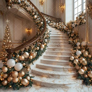 Christmas Backdrop Staircases Digital Photo, Christmas Decor Staircases ...