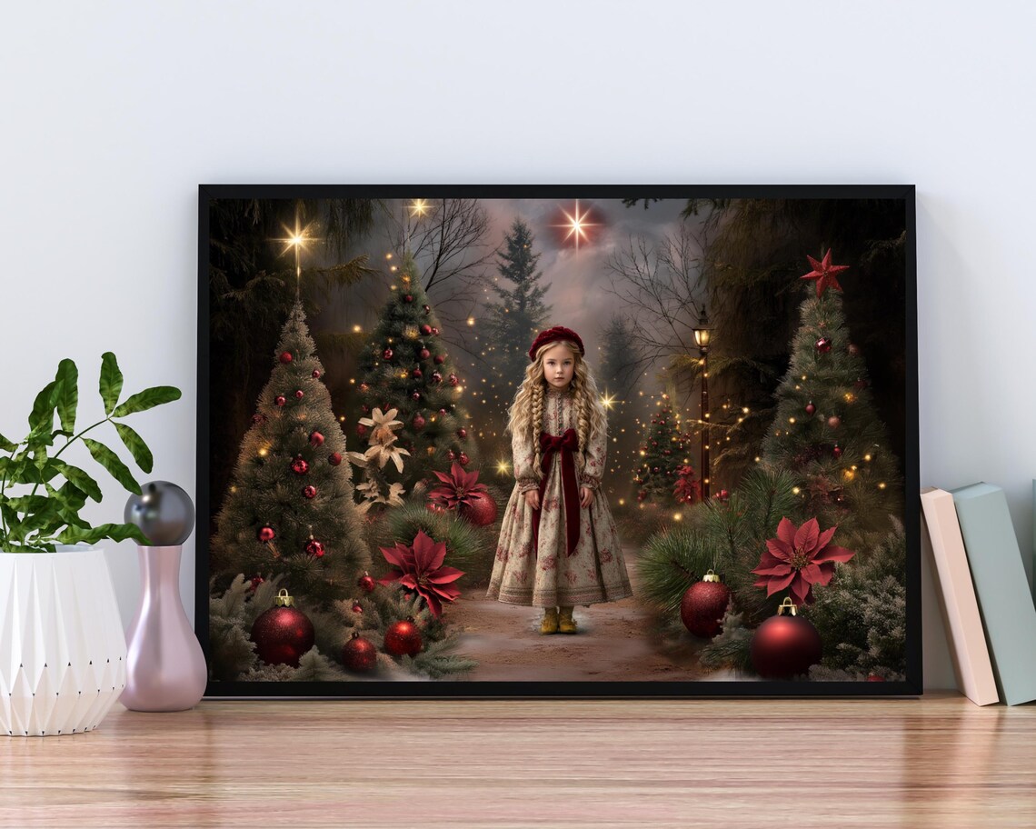 Christmas Pathway Digital Backdrop | Red Ornament Forest Background ...