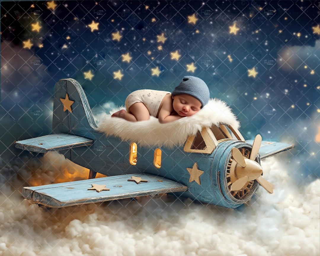 Newborn Digital Backdrop, Starry Sky Blue Airplane, Whimsical Baby Prop ...
