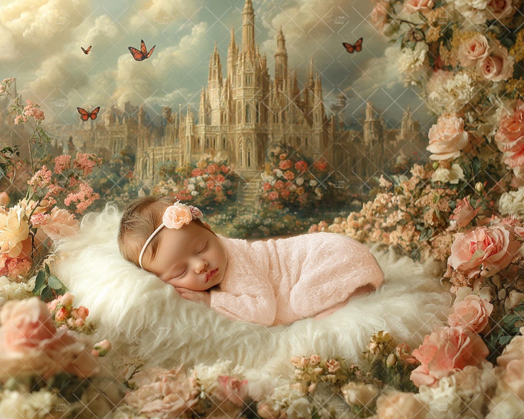 Newborn Digital Backdrop, Cream Cradle With Castle Garden, Creative ...
