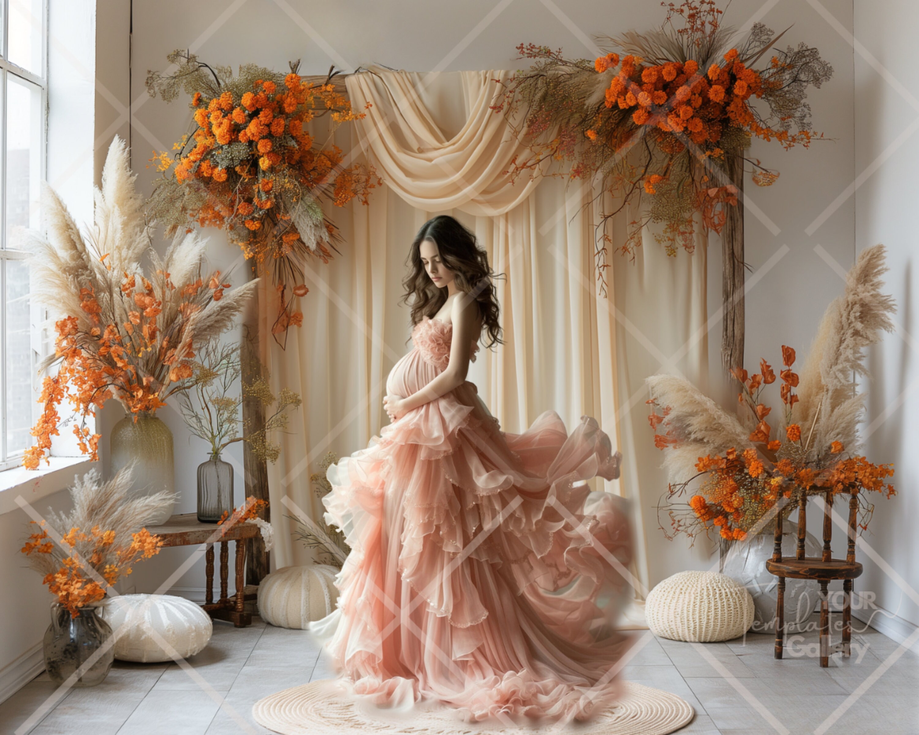 Maternity Backdrop Overlays, Studio Photography Digital, Beige Floral ...