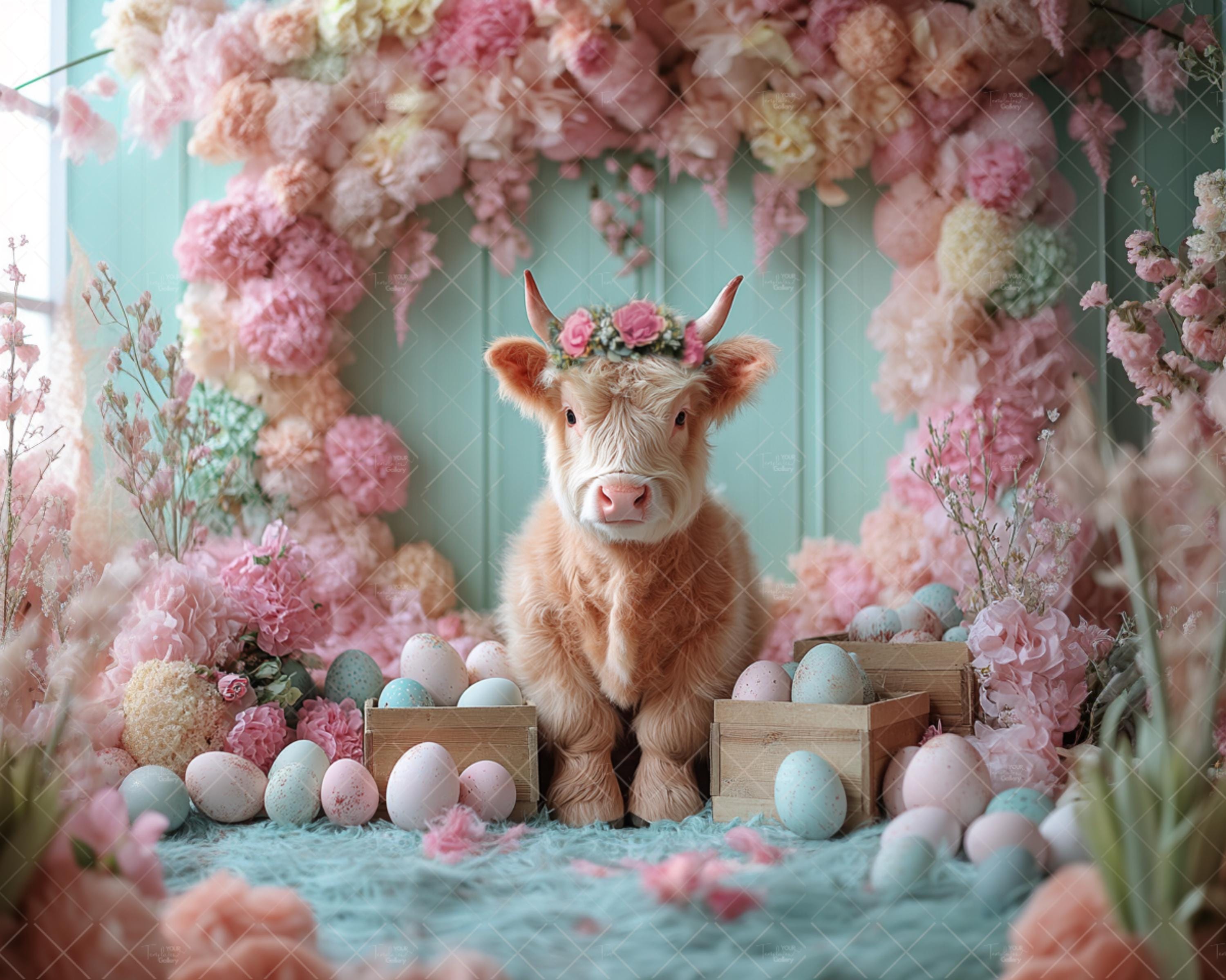 Spring Highland Cow Digital Backdrop, Easter Eggs and Chicks, Studio ...