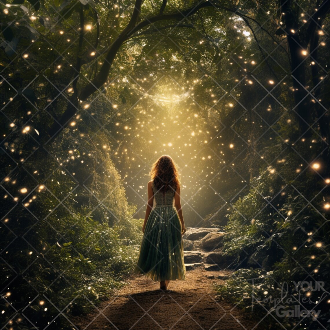 4 Beautiful Green Forest Path Digital Background, Summer Forest Digital Background, Firefly ...