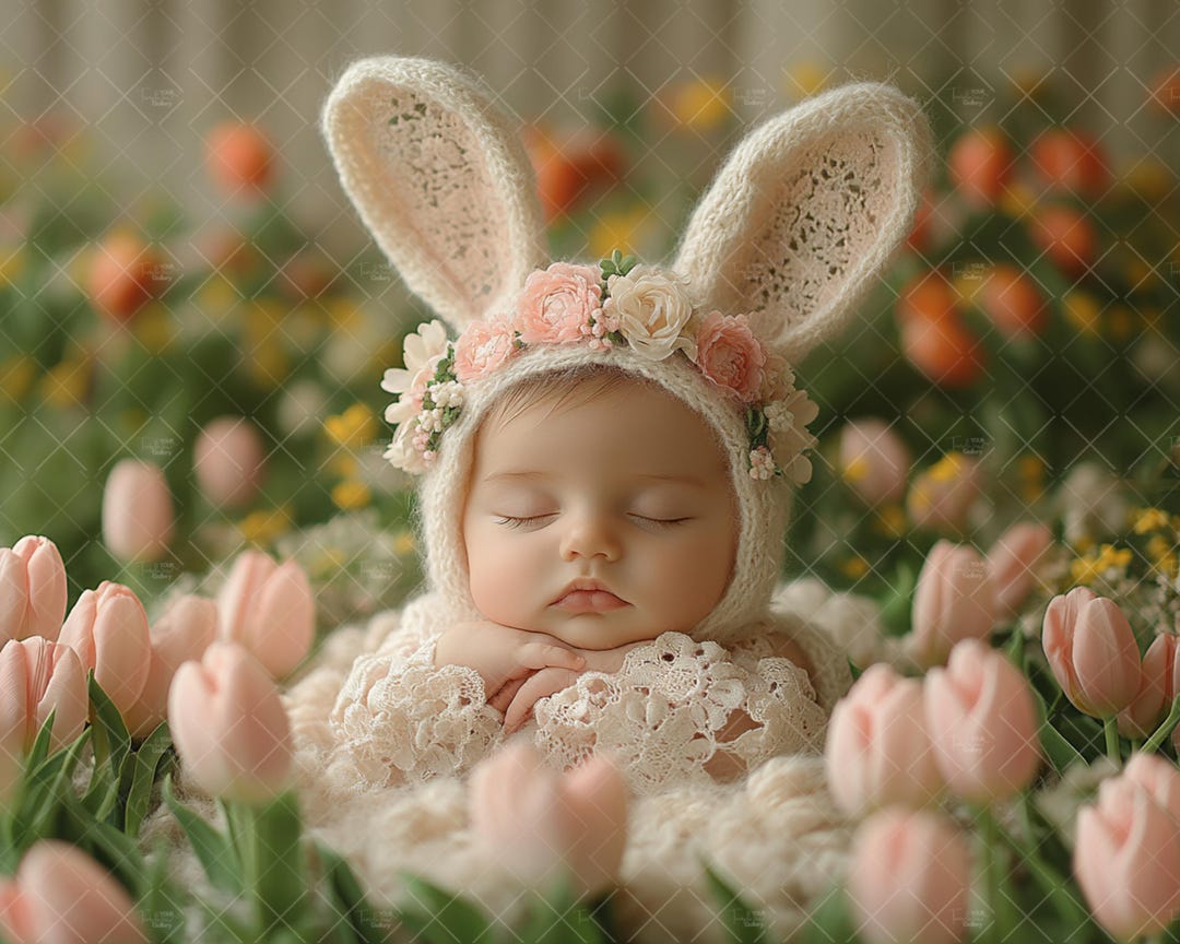 Newborn Face Insert Photo, Spring Newborn Digital Background, Easter ...