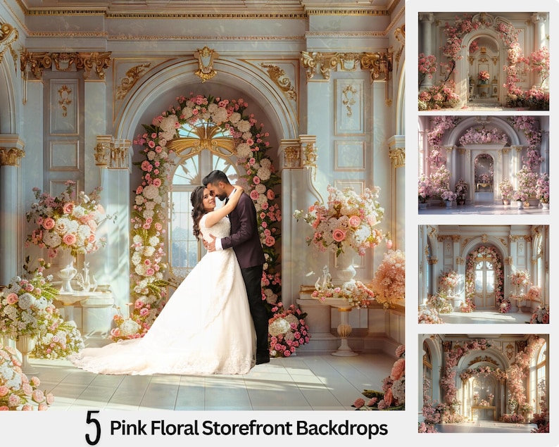 5 Pink Floral Storefront Background, Maternity Digital Backdrop ...