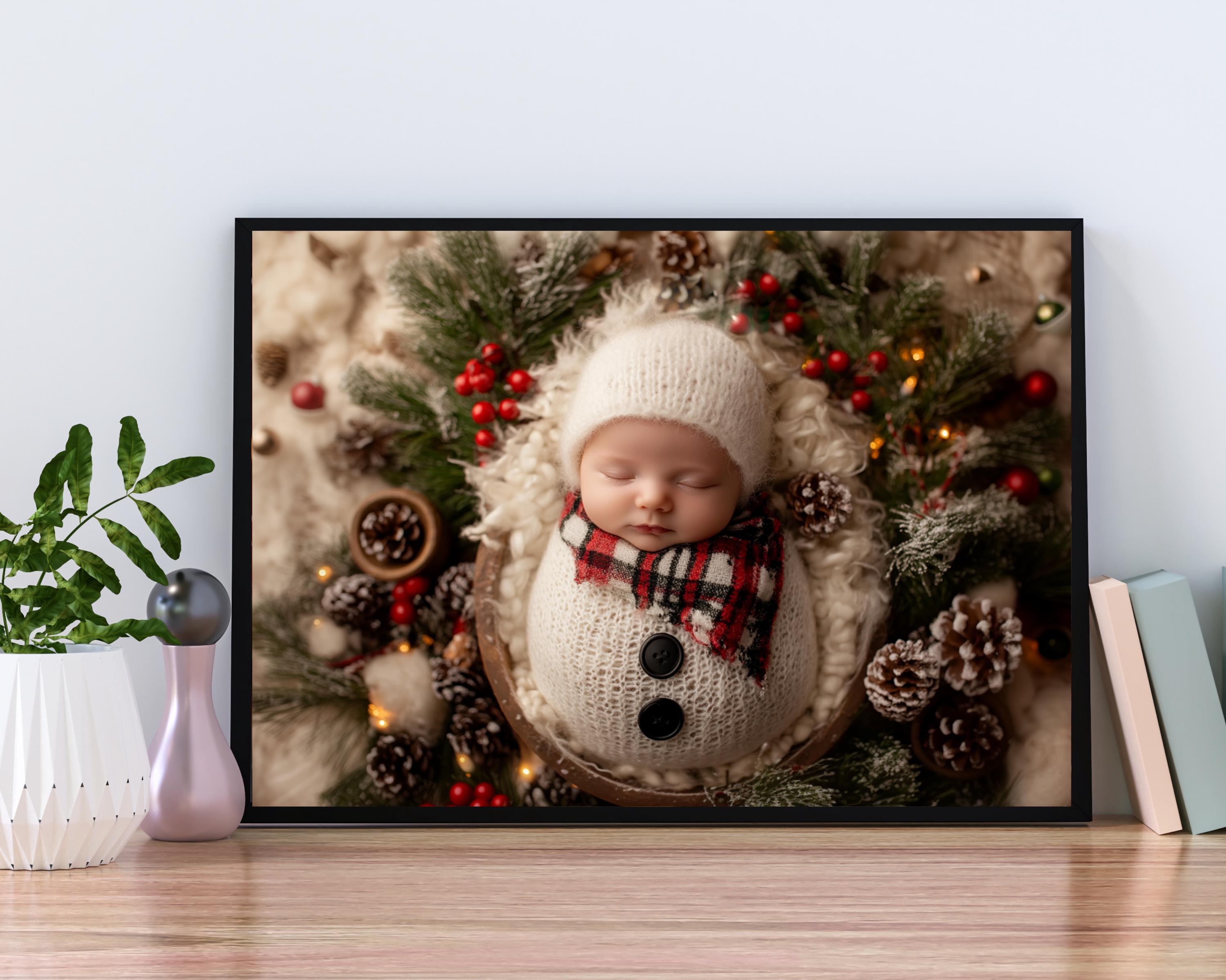 Newborn Face Insert Christmas Backdrop, Baby's First Xmas Snowman ...