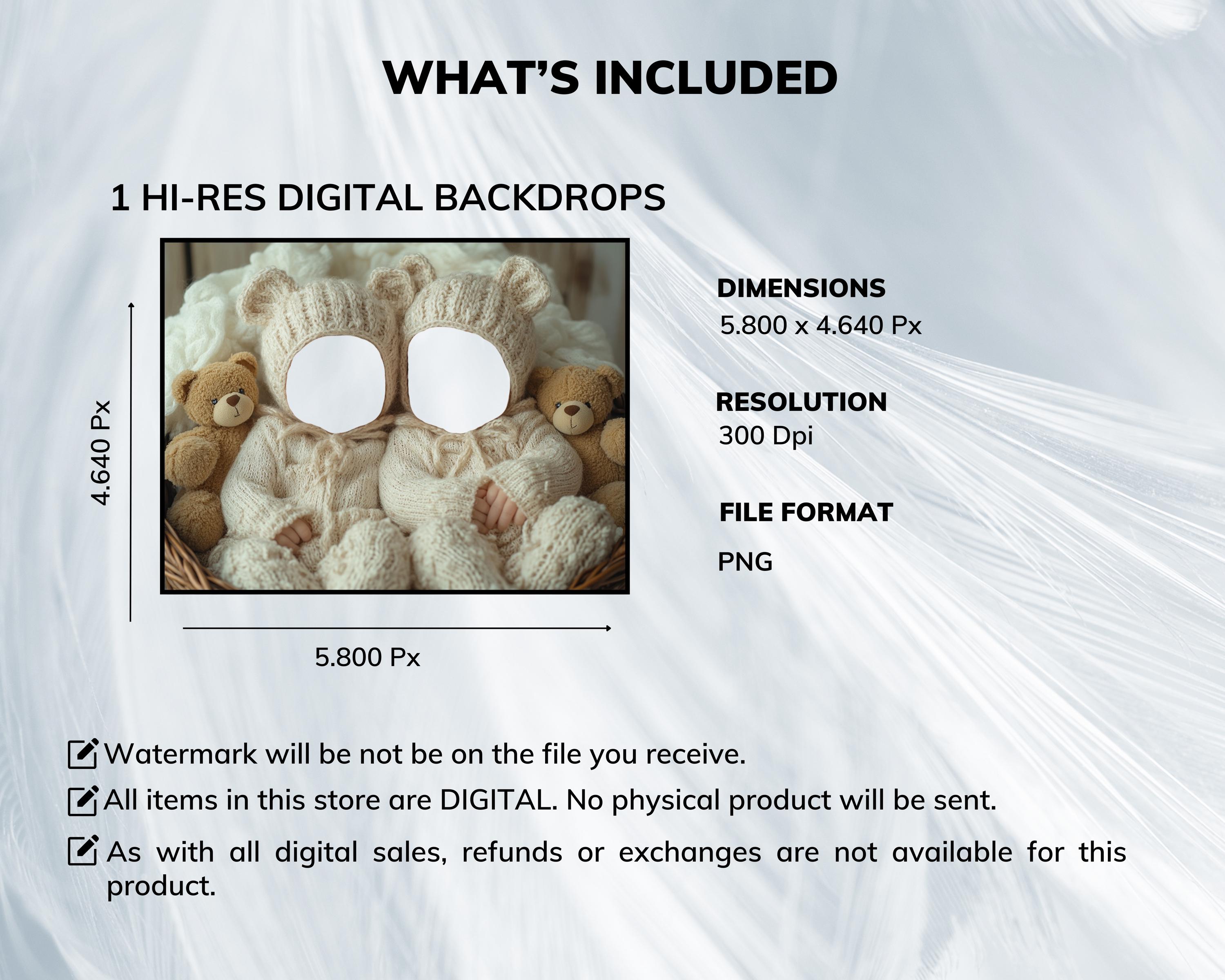 Teddy Bear Digital Backdrop for Newborn Twins, Photography Face Insert ...