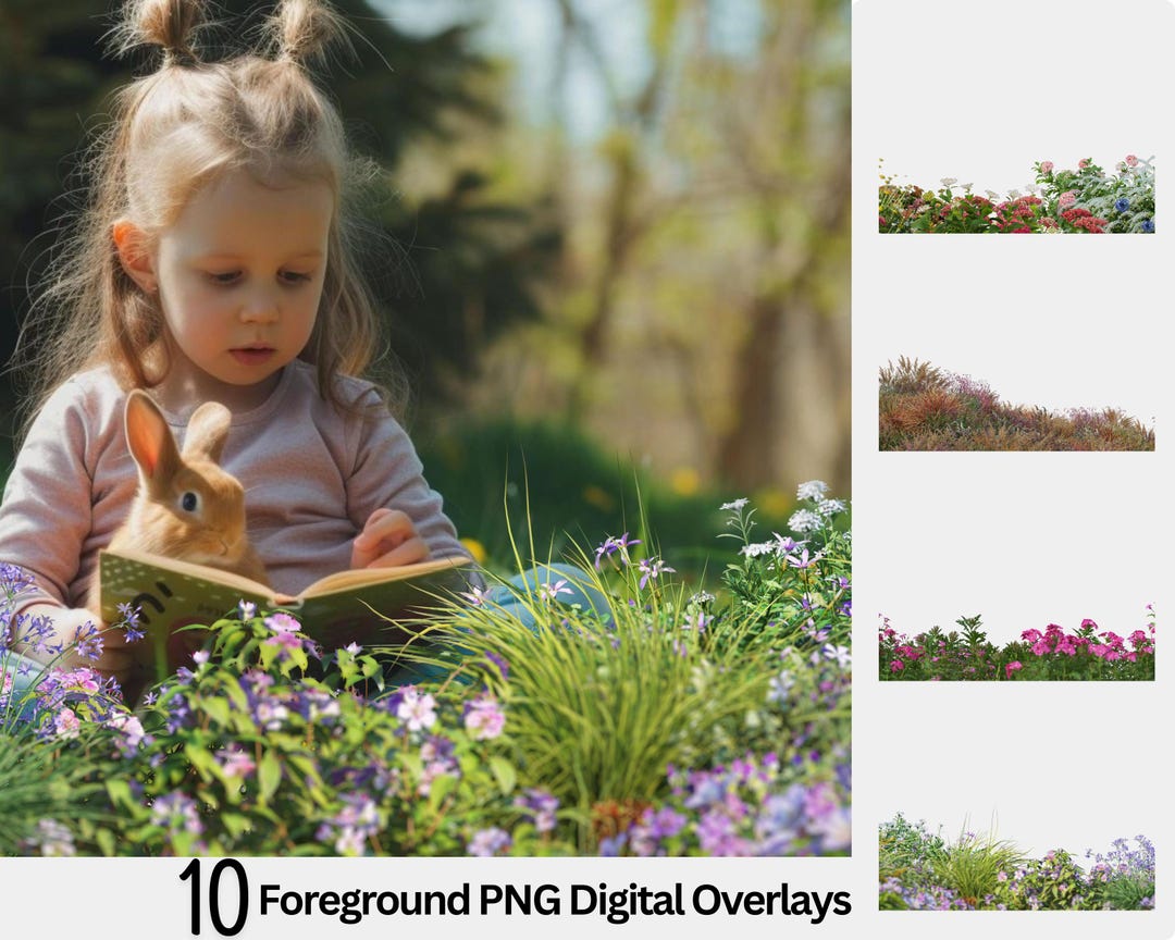 10 Flower Meadows Overlays, Foreground PNG Digital Overlays, Spring ...
