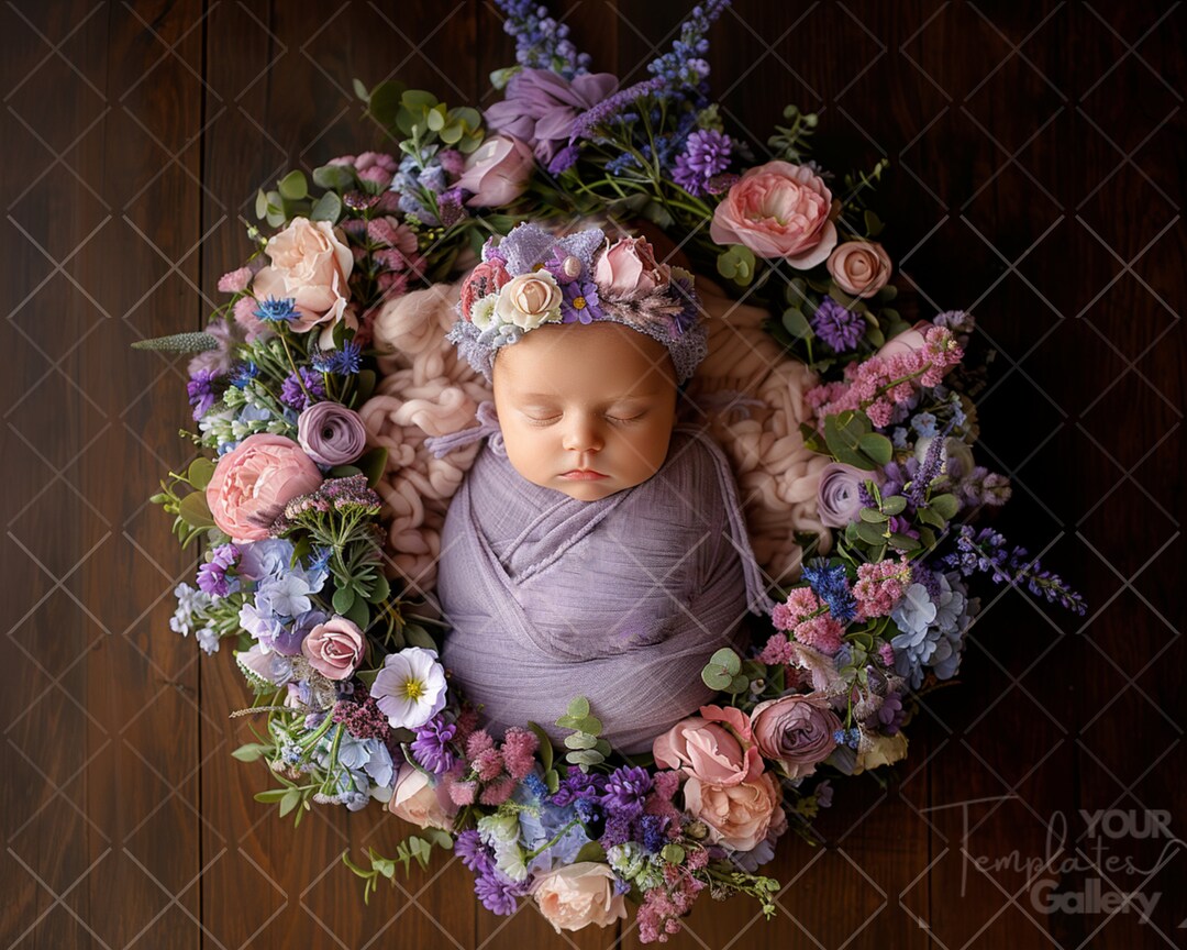 Newborn Face Insert, Newborn Digital Backdrop, Baby Lila Spring Flowers ...