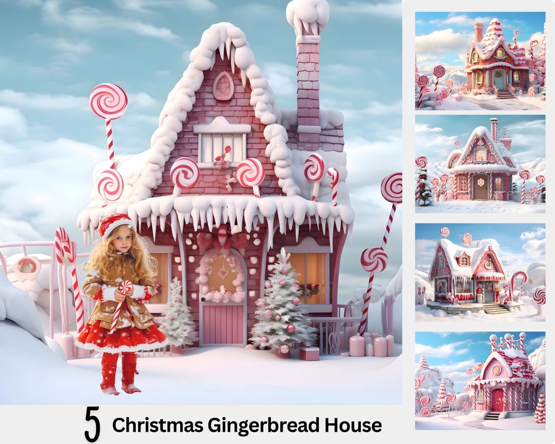 5 Gingerbread House Digital Backdrops, Christmas Candy Shop Store ...