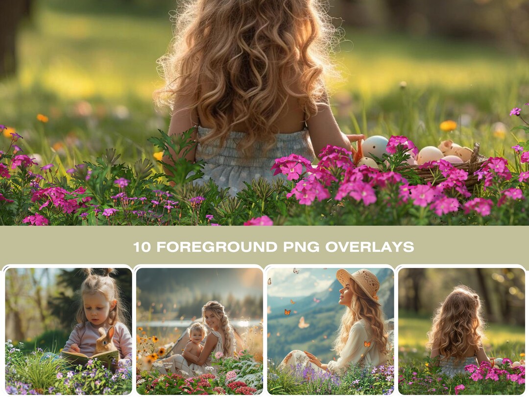 10 Flower Meadows Overlays, Foreground PNG Digital Overlays, Spring ...