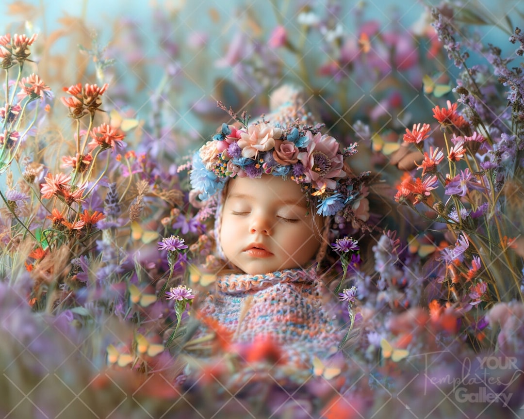 Newborn Face Insert, Newborn Digital Backdrop, Baby Lila Spring Flowers ...