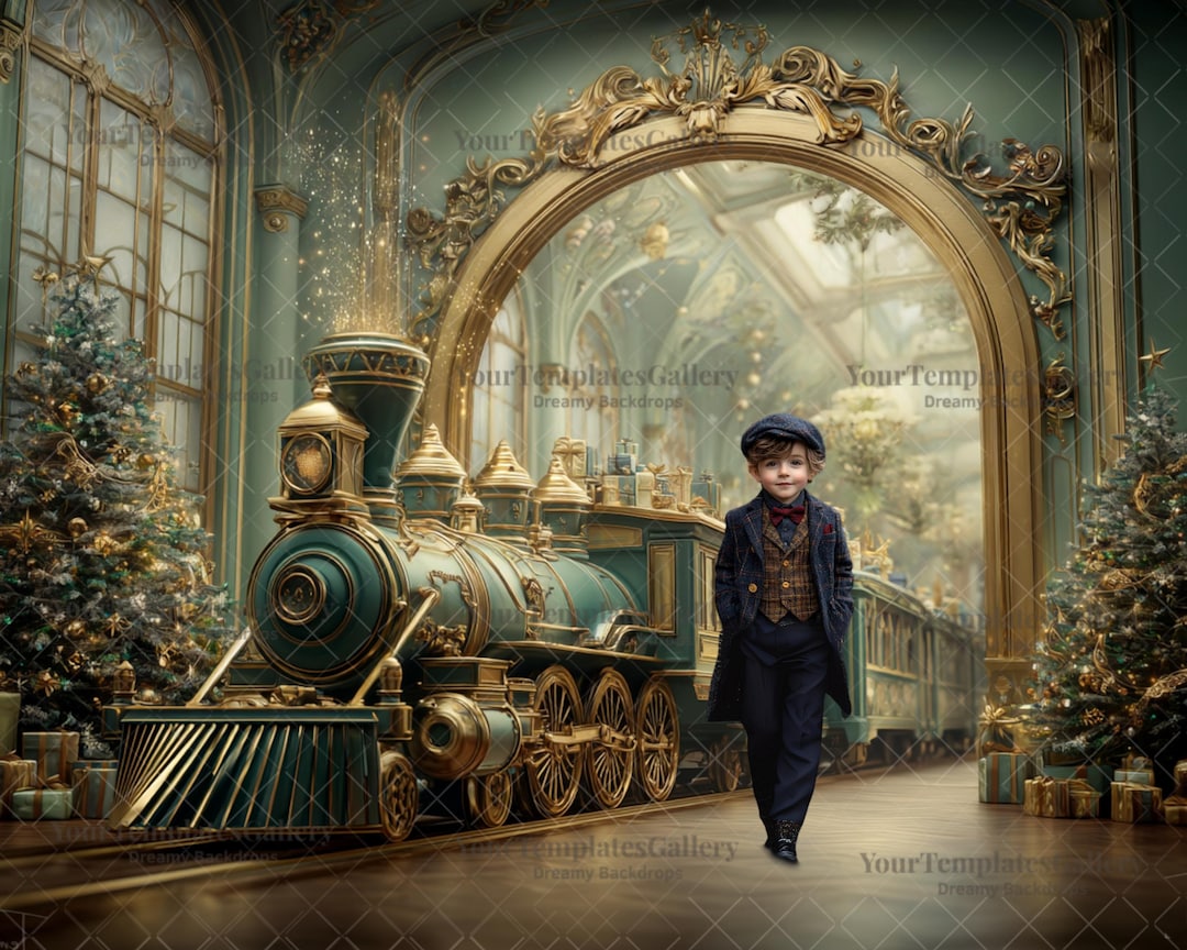 Christmas Train Station Digital Backdrop, Vintage Holiday Railroad ...