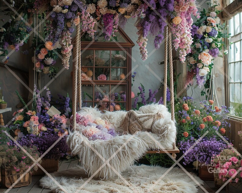 5 Flowering Studio Swings, Spring Digital Background, Baby Girl ...